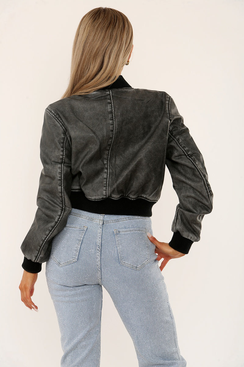 Distressed Washed Faux Leather Bomber Jacket - Kyra – Storm Desire