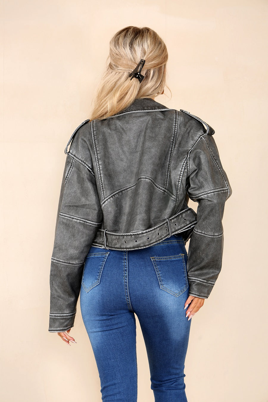 Grey Faux Leather Zipped Biker Jacket - Stormi – Storm Desire