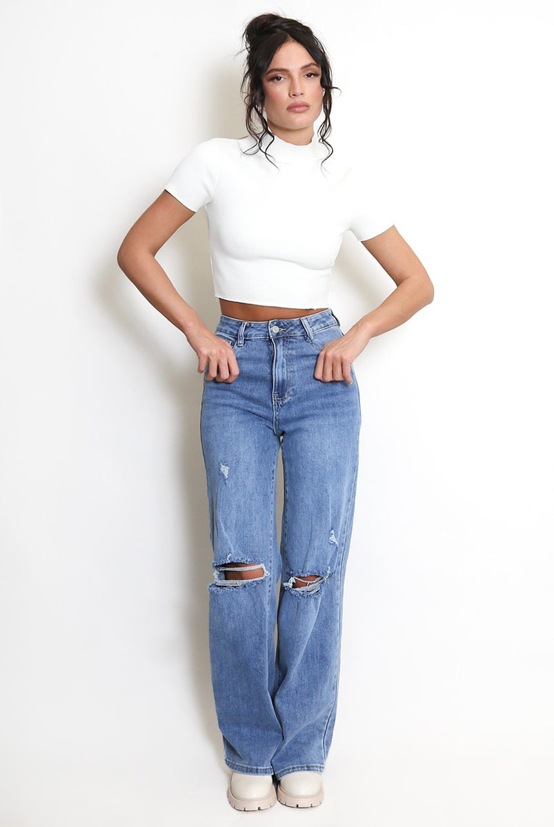 Ripped Dad Fit Denim Blue Jeans - Melissa – Storm Desire